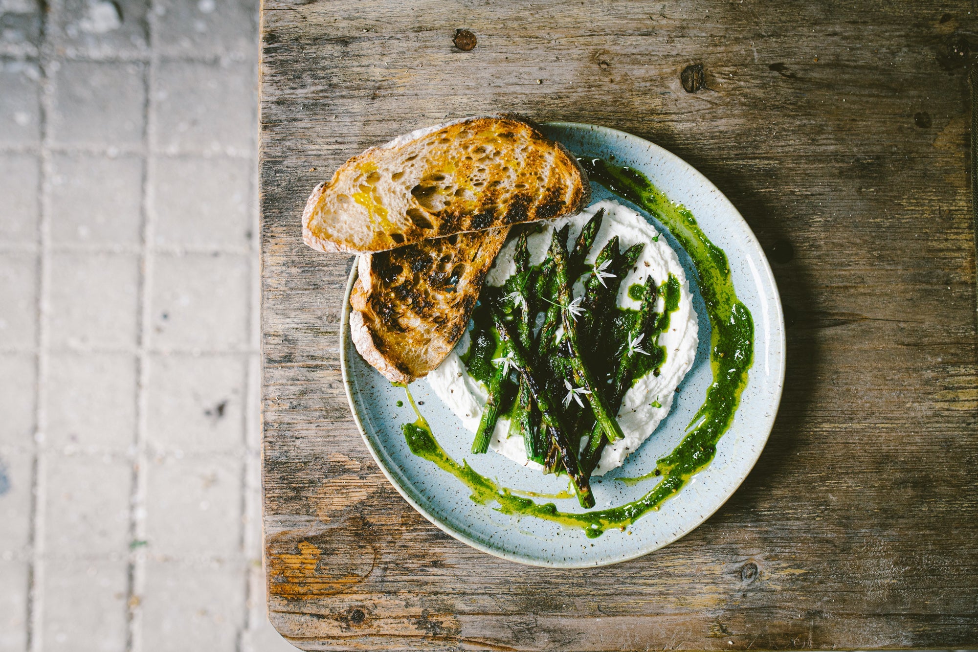Nettle Salsa with Charred Scottish Asparagus and Whipped Honey Goat's ...
